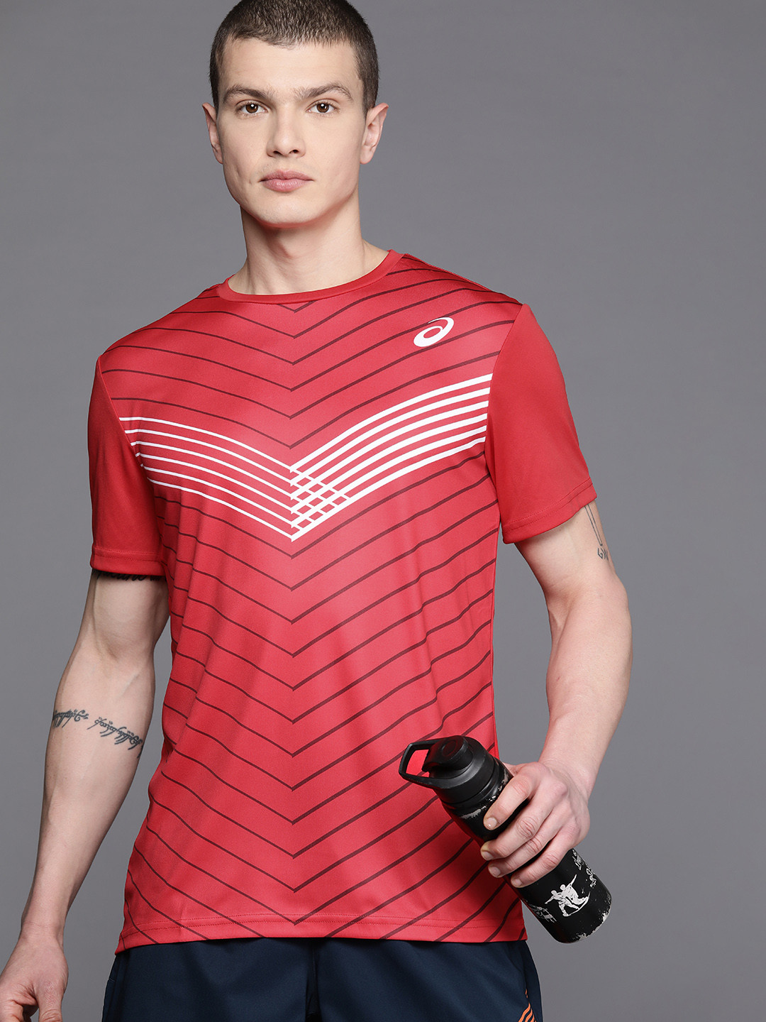 Buy ASICS Striped Round Neck Running T Shirt With Brand Logo Detail ...