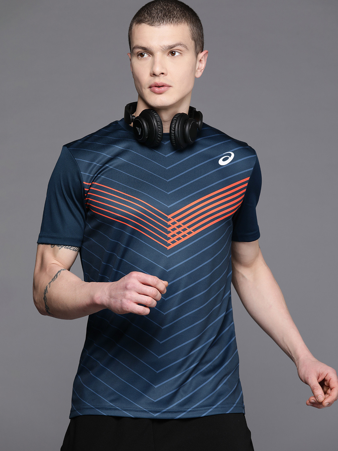 Buy ASICS Striped Round Neck Running T Shirt With Brand Logo Detail ...