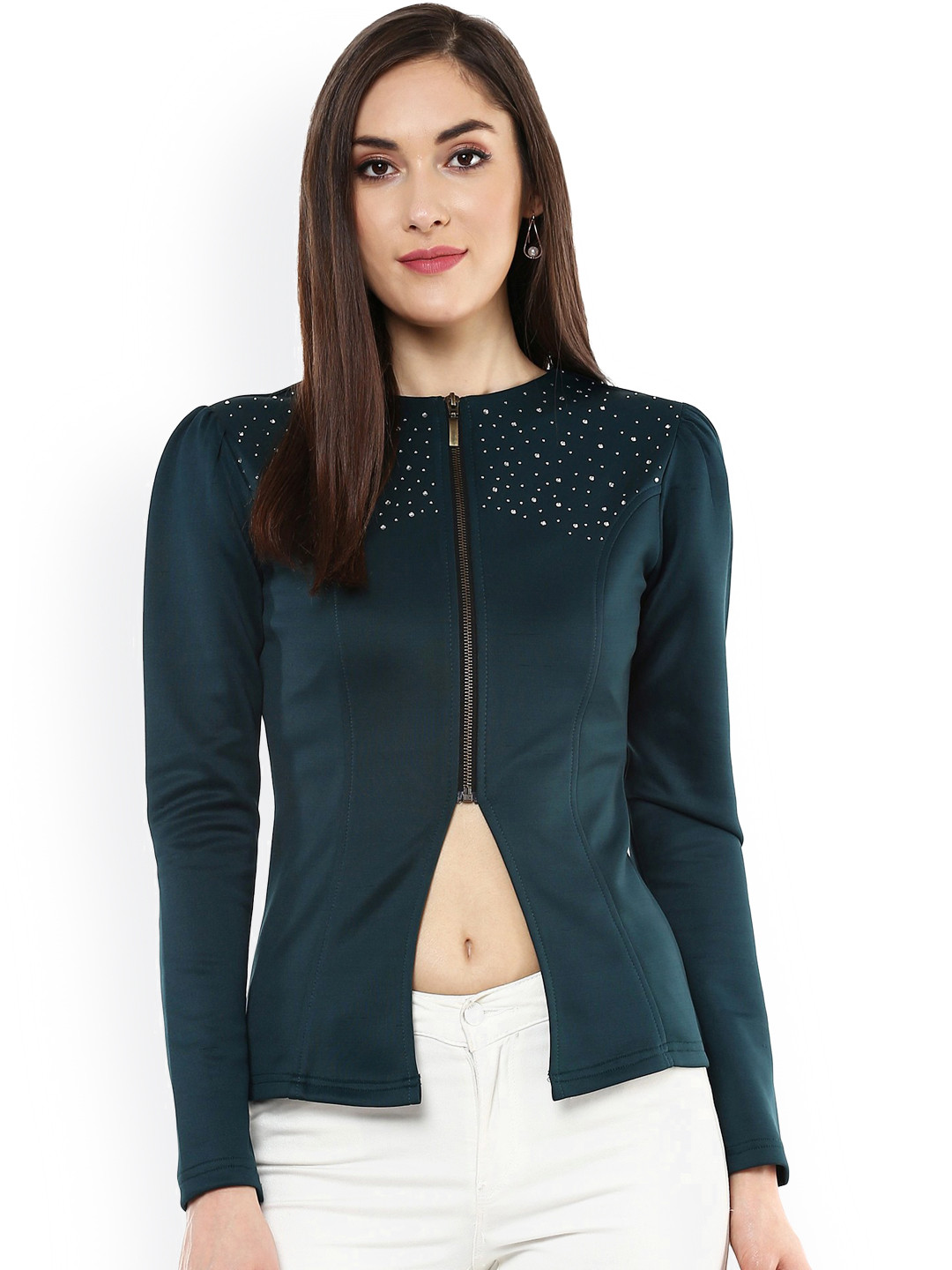 Buy SASSAFRAS Teal Green Crystal Studded Jacket - Jackets for Women ...