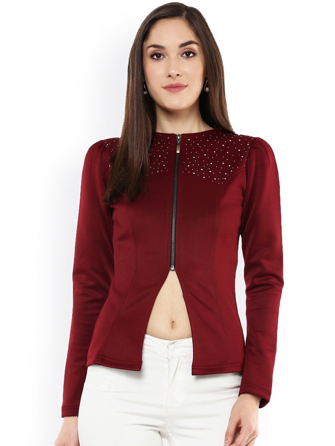 Buy SASSAFRAS Maroon Crystal Studded Jacket - Jackets for Women 1688060 ...