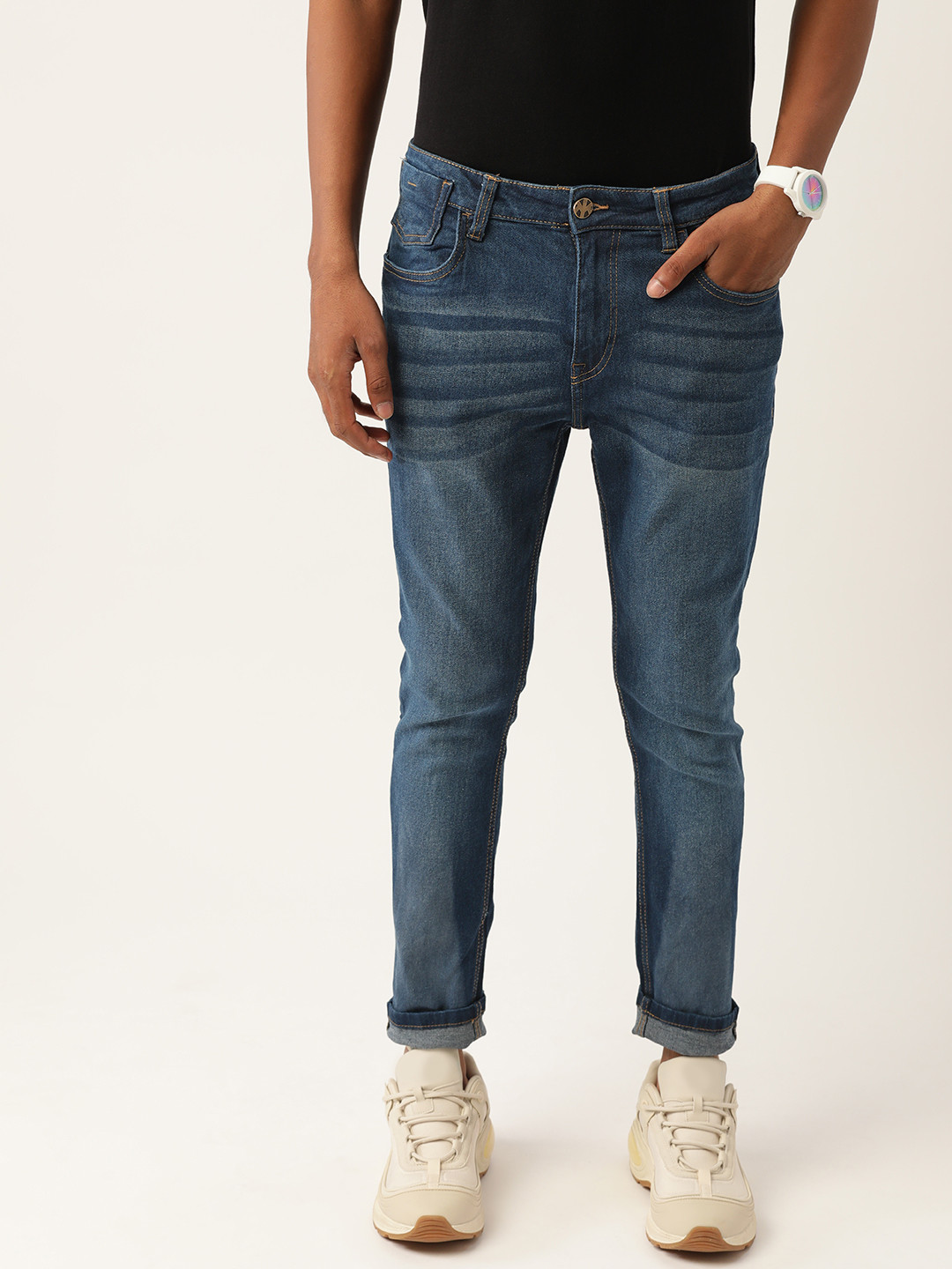 Buy Kook N Keech Men Navy Blue Skinny Fit Light Fade Stretchable Jeans ...