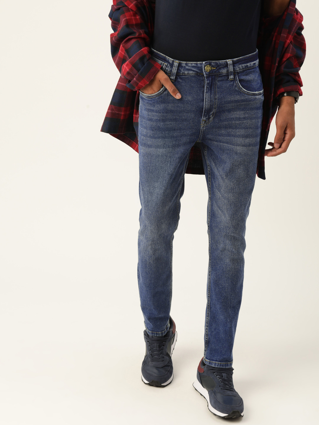 Buy Kook N Keech Men Navy Blue Light Fade Skinny Fit Stretchable Jeans ...