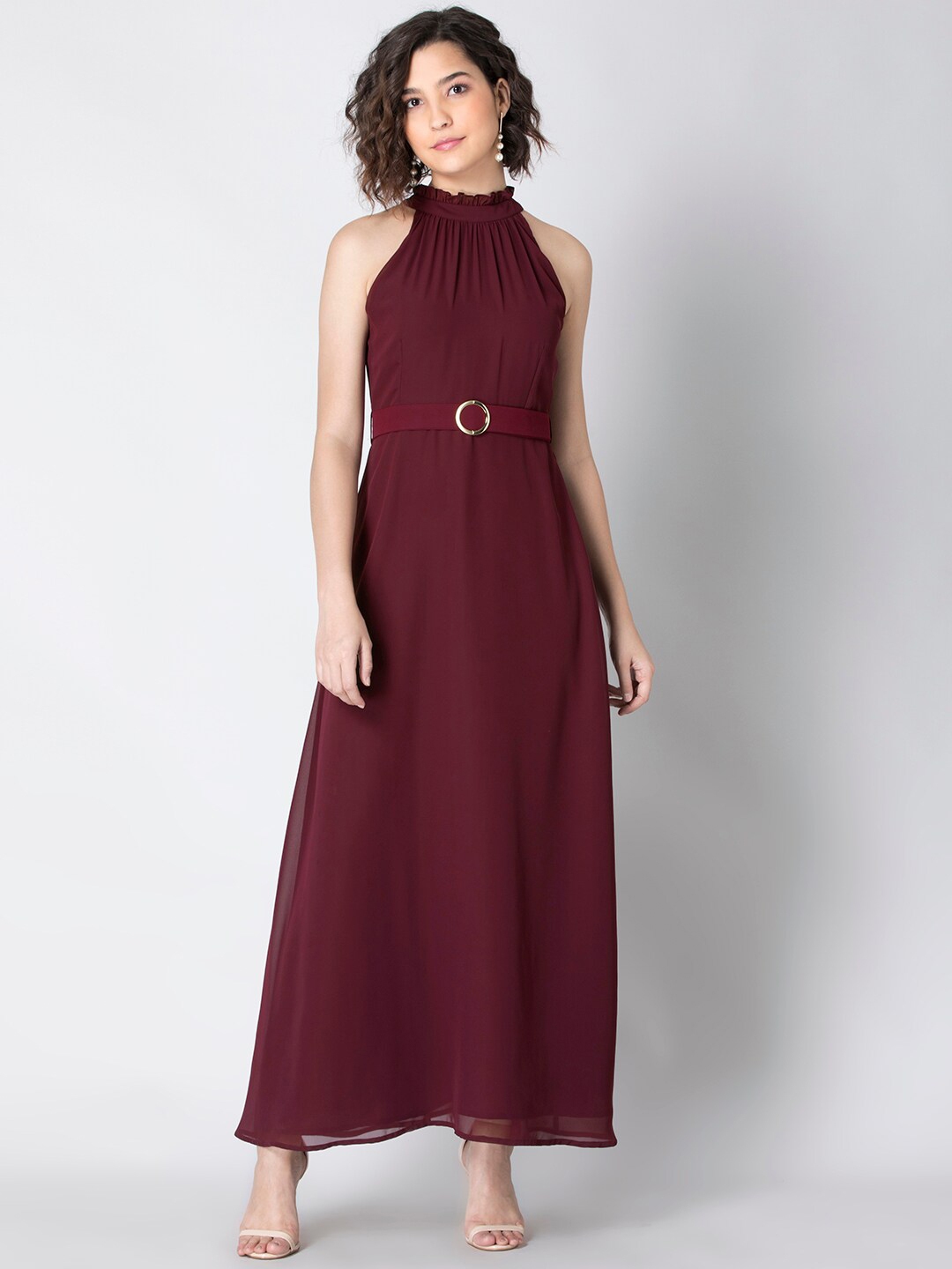 Buy Faballey Maroon Halter Neck Georgette Maxi Dress Dresses For