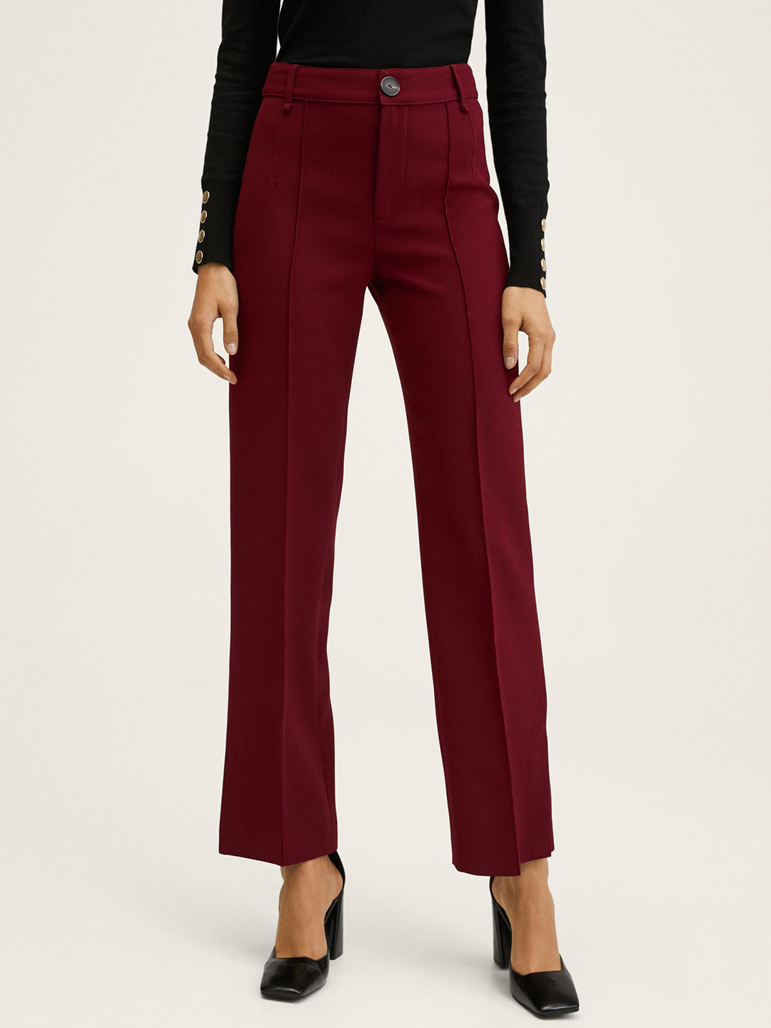 Buy MANGO Women Burgundy Solid Straight Fit Trousers - Trousers for ...