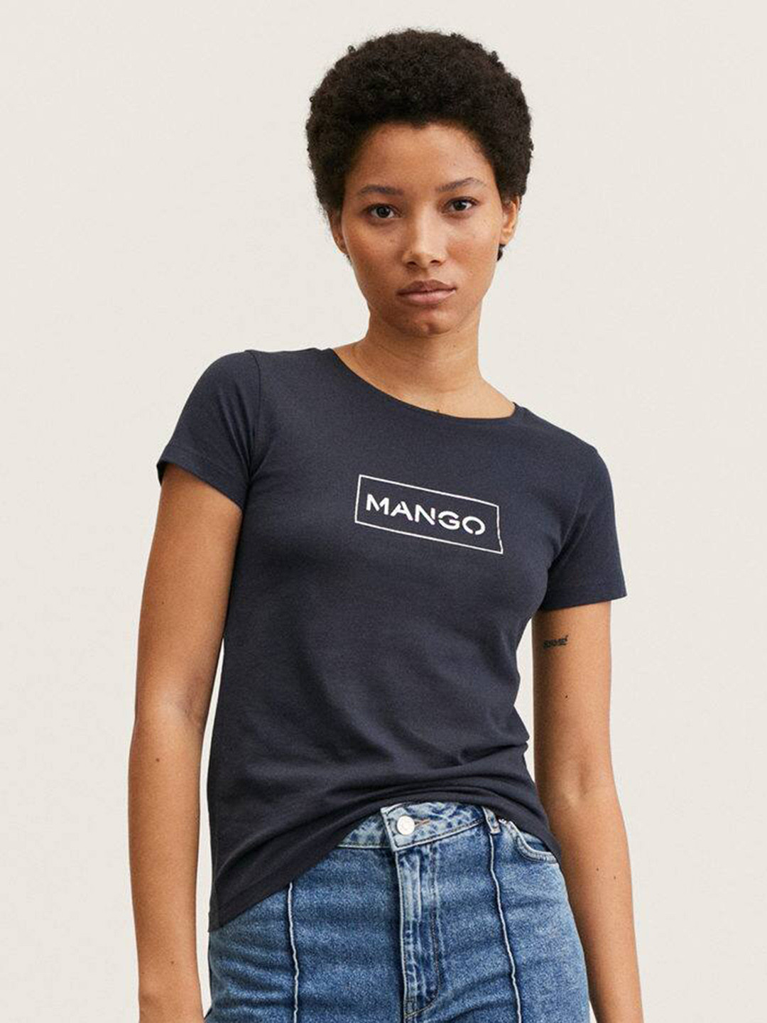 Buy MANGO Women Navy Blue Printed Pure Cotton T Shirt - Tshirts for ...