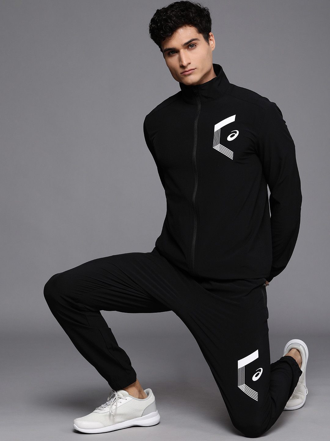 Buy ASICS Men Black Brand Logo Printed Long Sleeve Open Front Tracksuit ...