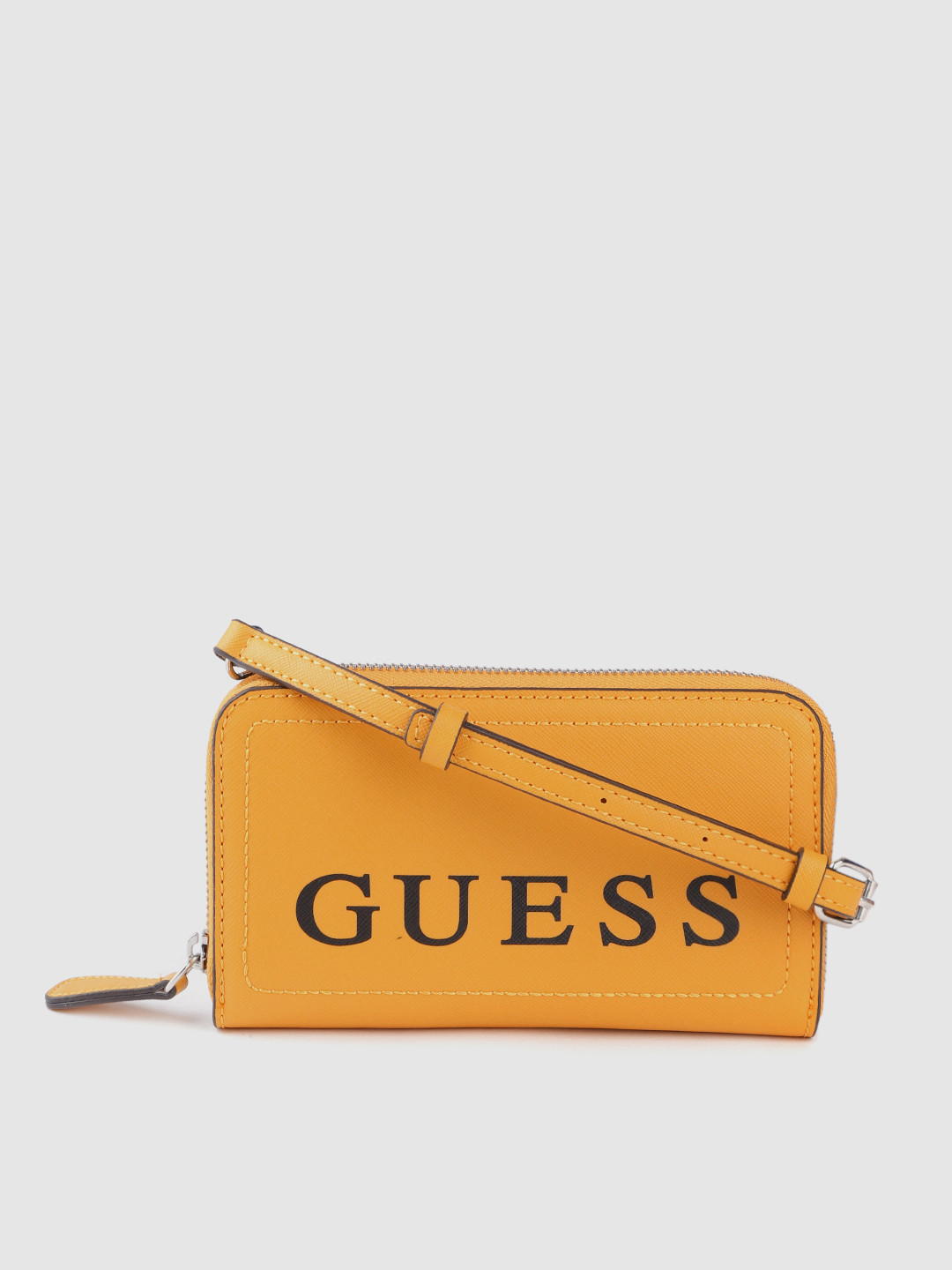 Buy GUESS Women Mustard Yellow & Black Brand Logo Saffiano Textured Zip ...
