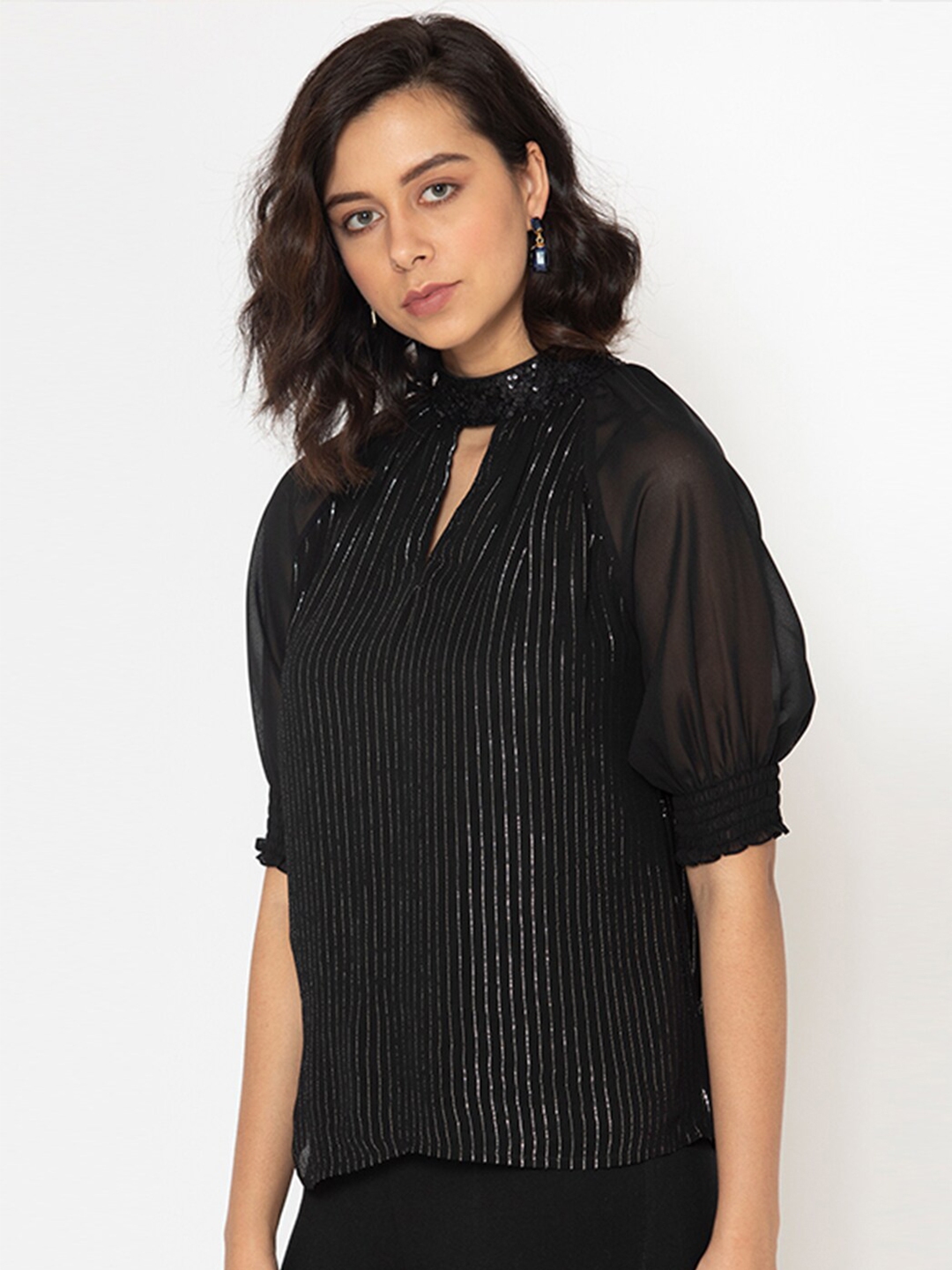Buy Shaye Black Striped Keyhole Neck Sheen Georgette Top Tops For