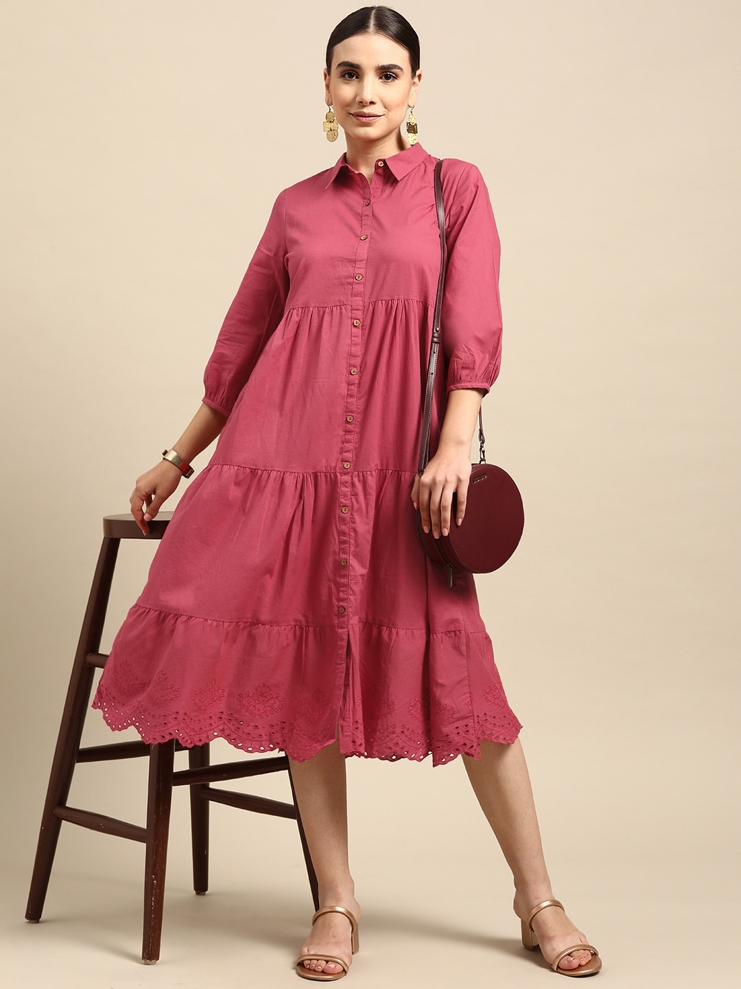 Buy Anouk Women Pink Pure Cotton Schiffli Tiered Shirt Style Midi Dress
