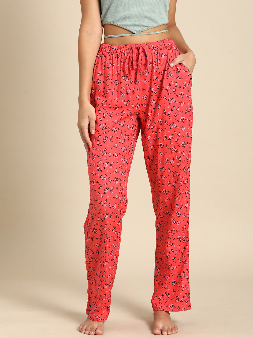 Buy Dreamz By Pantaloons Women Coral Floral Print Lounge Pants - Lounge ...