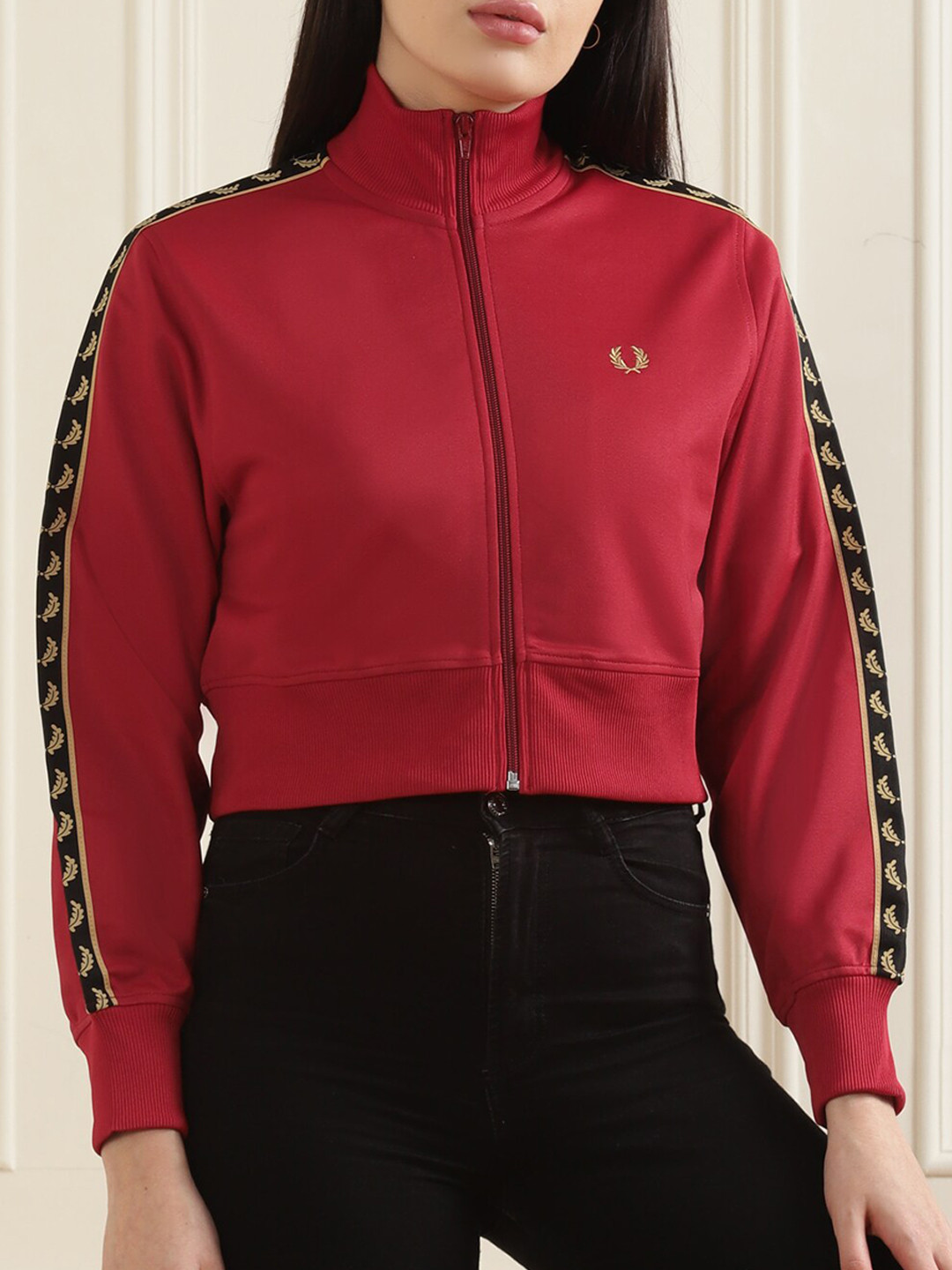 Buy Fred Perry Women Red Black Pure Cotton Lightweight Crop Jacket ...