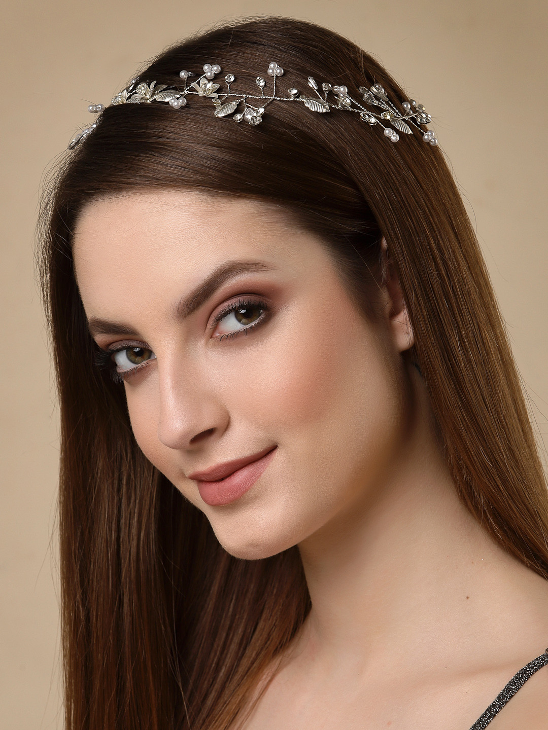 Buy PANASH Women Silver Toned & White Embellished Vintage Leaf Tiara ...