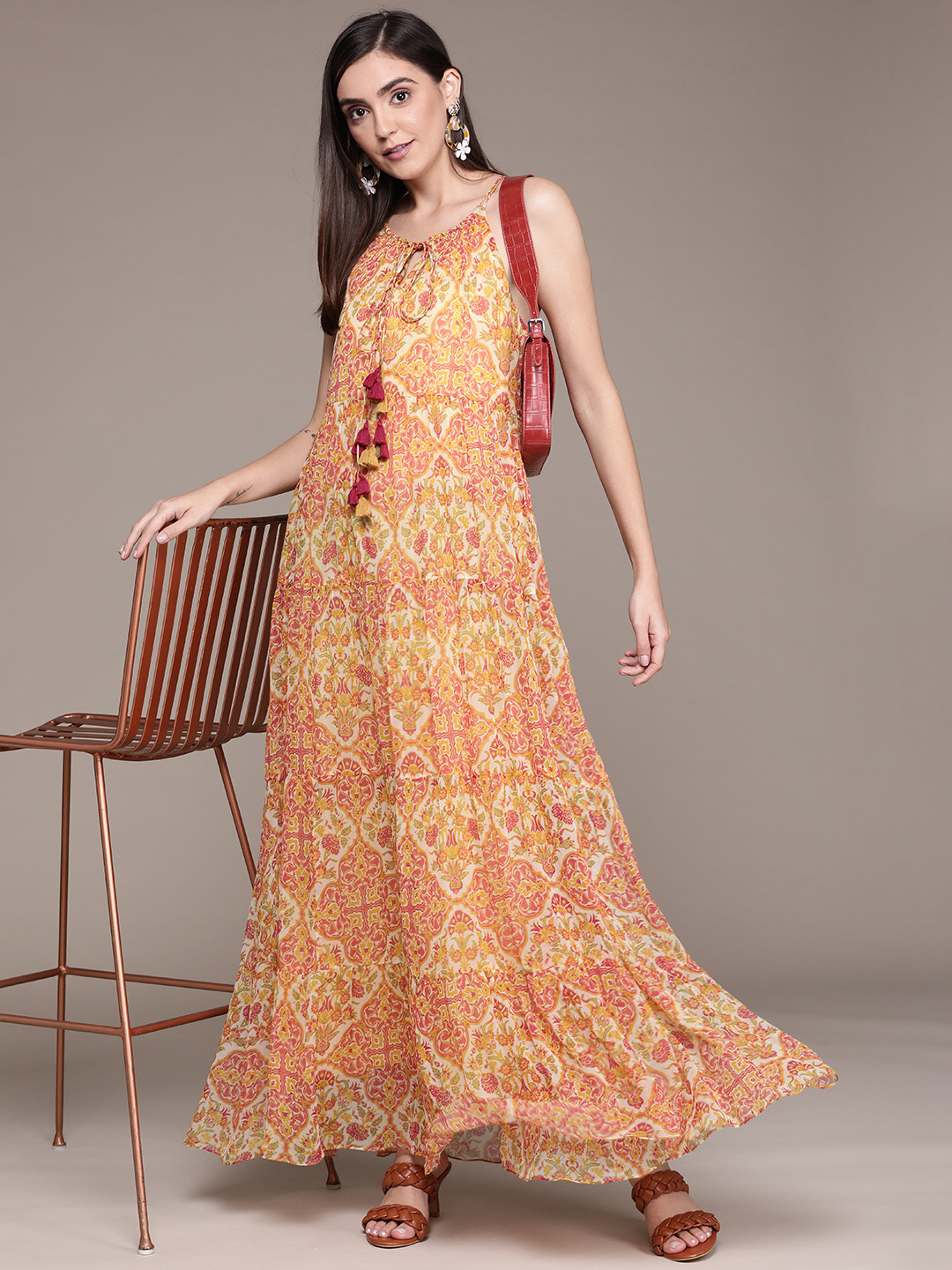 Buy Aarke Ritu Kumar Women Yellow & Pink Ethnic Motifs Printed Maxi ...