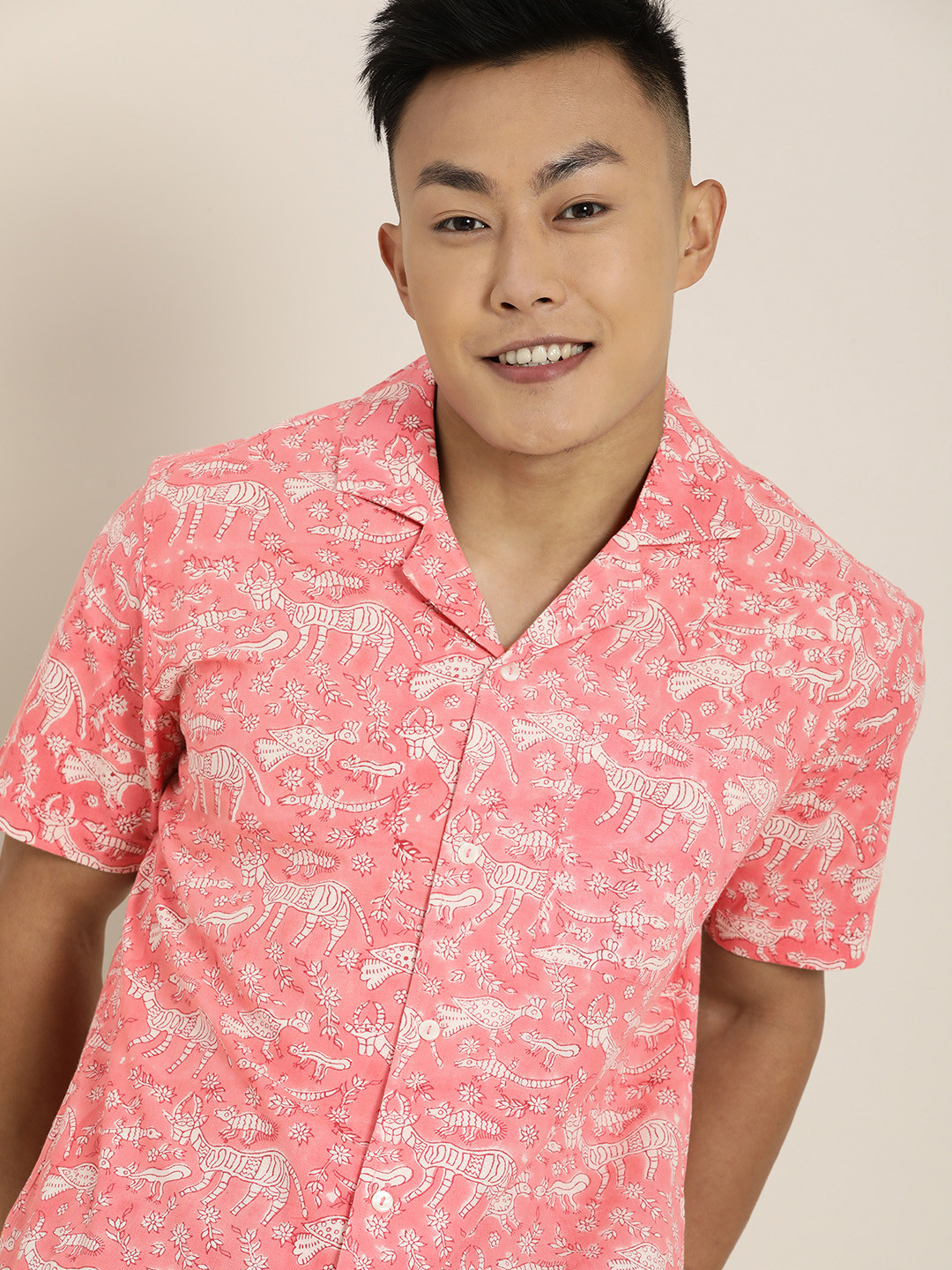 Buy Taavi Men Light Pink And White Bagru Folk Printed Pure Cotton ...