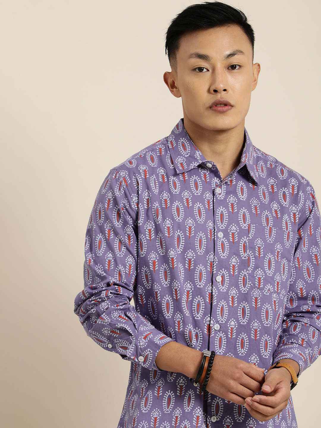 Buy Taavi Men Purple & White Printed Bagru Folk Pure Cotton Casual ...