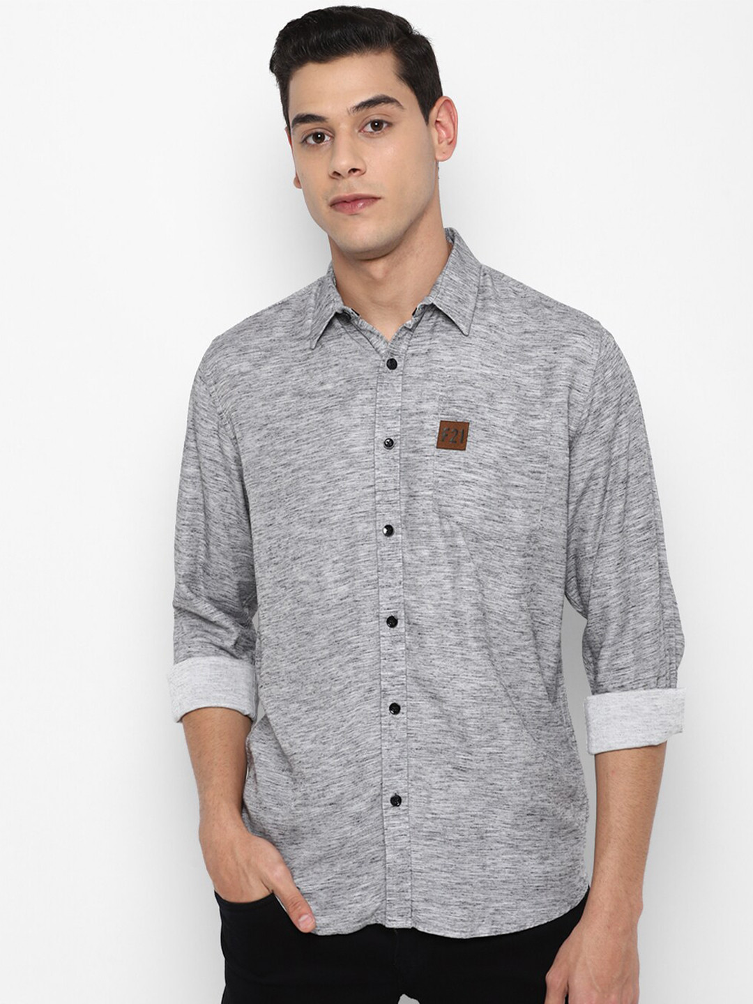 Buy FOREVER 21 Men Grey Melange Solid Regular Fit Cotton Casual Shirt ...
