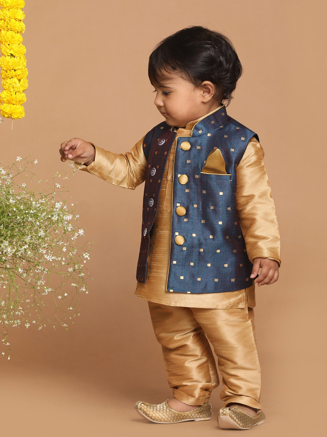 Buy VASTRAMAY SISHU Blue & Gold Toned Woven Design Nehru Jacket - Nehru ...