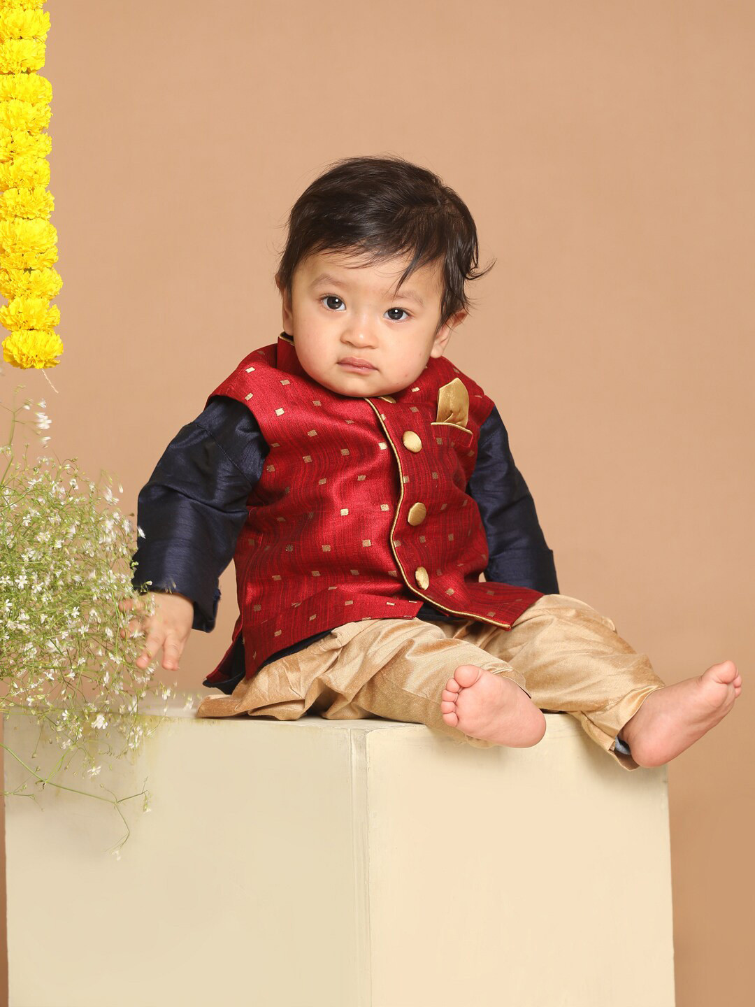 Buy VASTRAMAY SISHU Boys Maroon & Gold Toned Woven Design Nehru Jacket ...