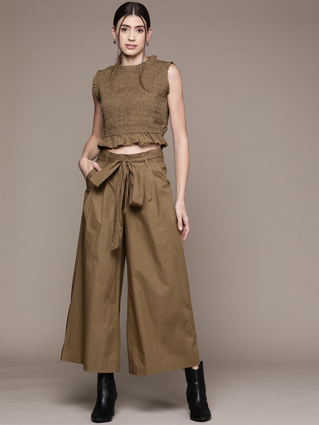 Buy Label Ritu Kumar Women Brown Solid Smocked Ruffle Co Ords Set - Co ...