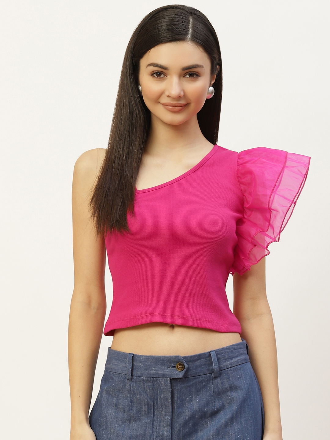 Buy Off Label Fuchsia One Shoulder Ruffles Crop Top Tops For Women