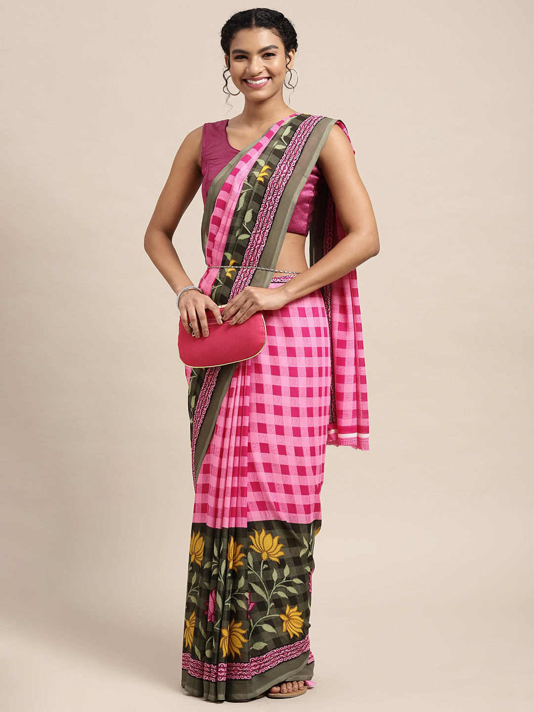 Buy ANAND SAREES Pink & Green Checked Saree - Sarees for Women 16915008 ...