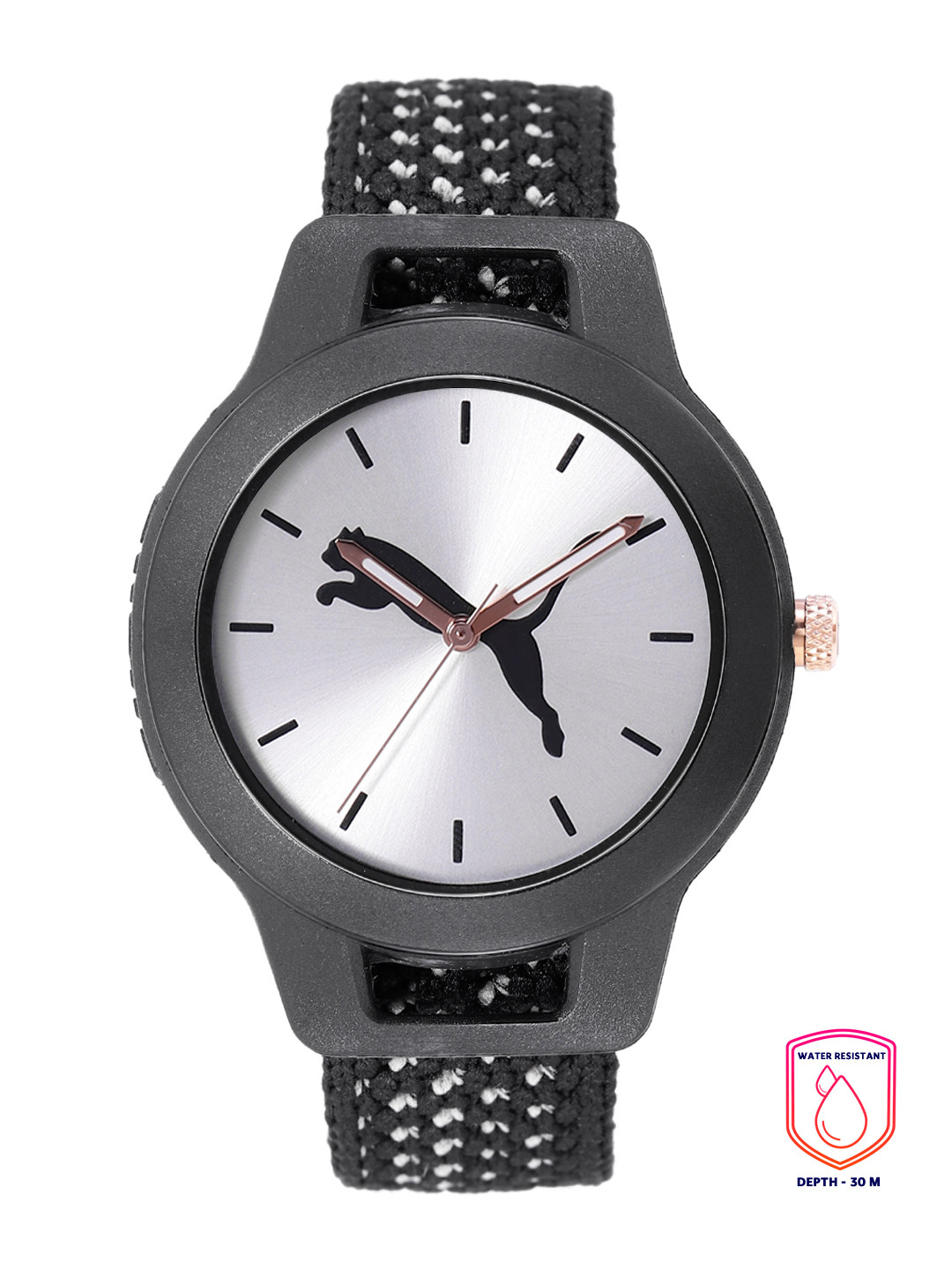 Buy Puma Women Silver Toned Printed Dial & Black Straps Reset V1 ...