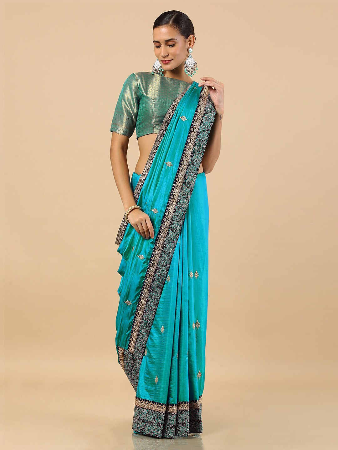 Buy Soch Turquoise Blue Embroidered Tussar Saree - Sarees for Women ...