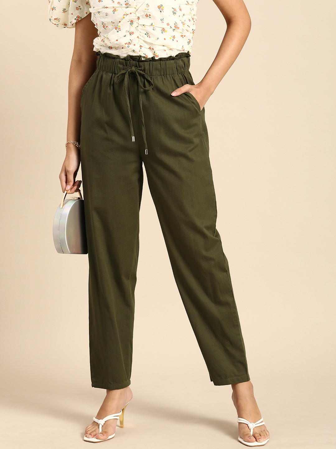 Buy All About You Women Green Solid High Rise Pure Cotton Trousers ...