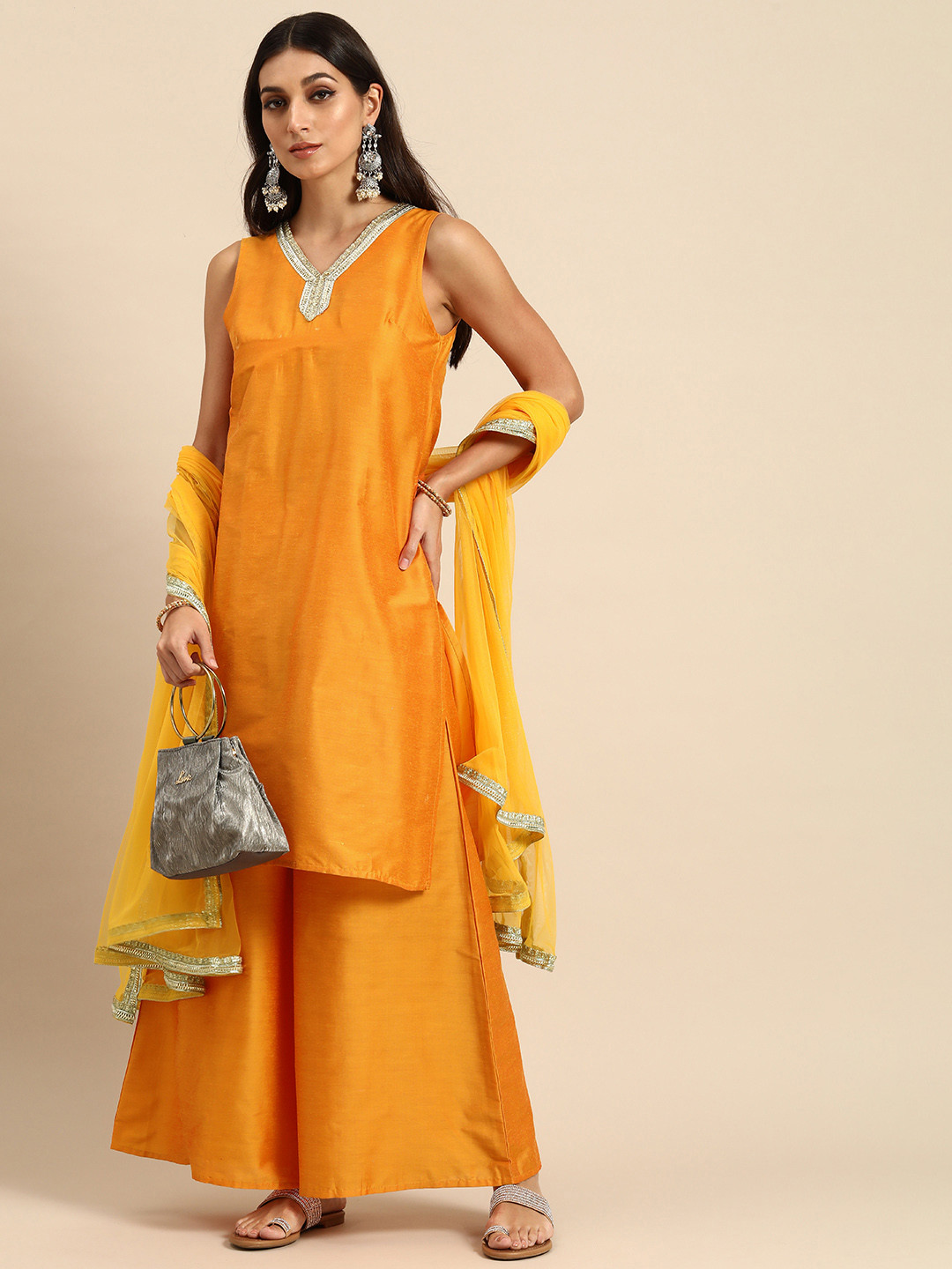 Buy All About You Women Mustard Yellow Ethnic Motifs Embroidered Gotta Patti Kurta With Palazzos ...