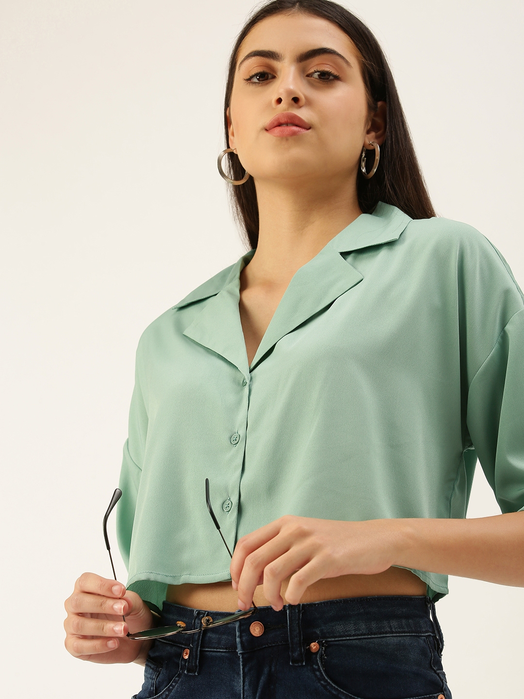 Buy Forever 21 Green Cuban Collar Drop Shoulder Shirt Style Crop Top