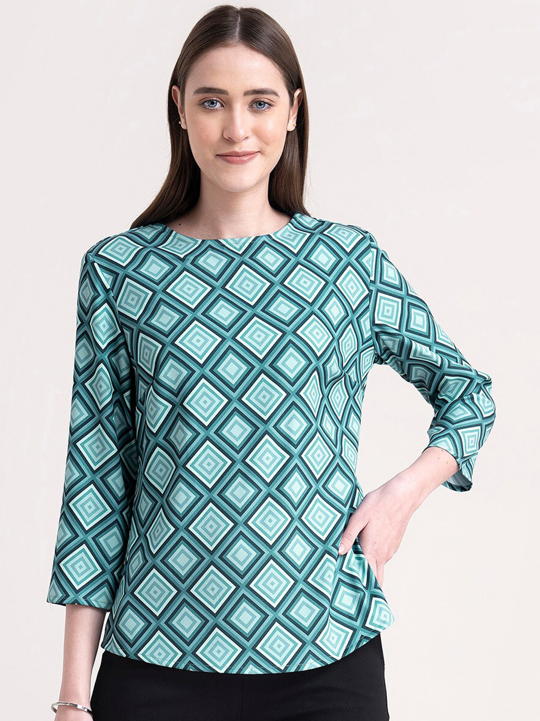 Buy FableStreet Teal Geometric Print Formal Top - Tops for Women ...
