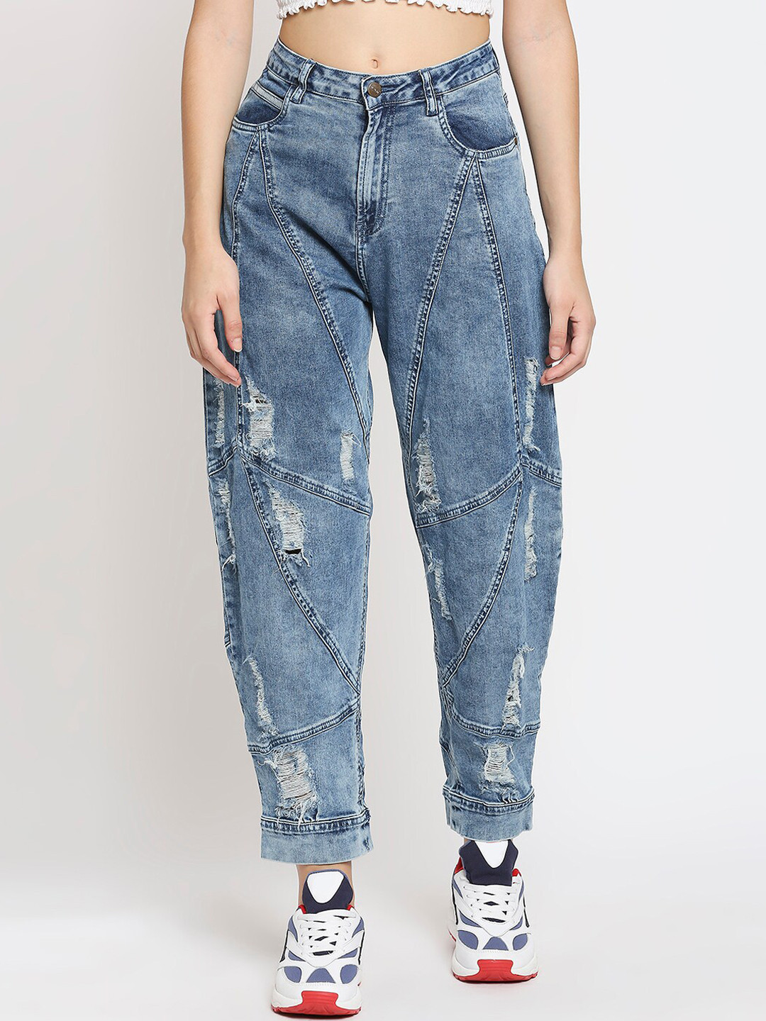 Buy FREAKINS Women Blue High Rise Highly Distressed Heavy Fade Tapered ...