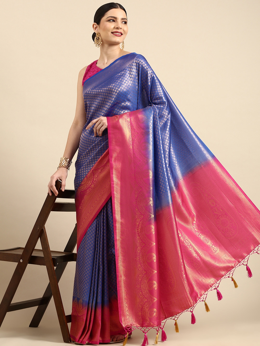Buy Anouk Blue And Pink Ethnic Motifs Woven Design Silk Blend Banarasi