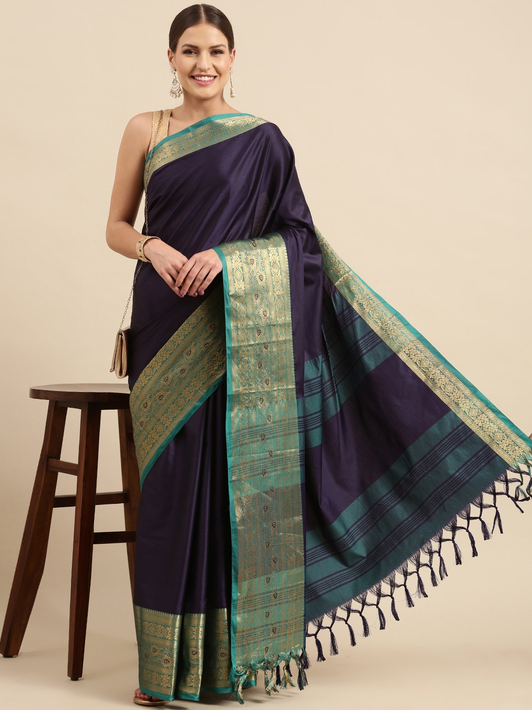 Buy Anouk Navy Blue And Gold Toned Ethnic Motifs Woven Design Silk Blend