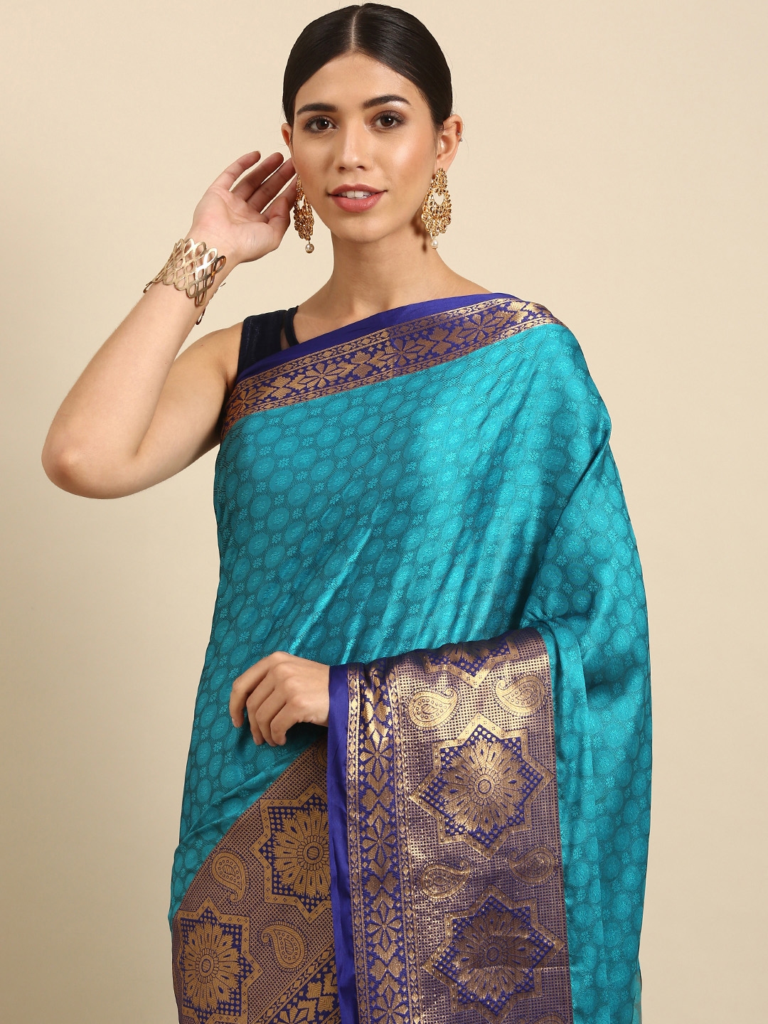 Buy Anouk Turquoise Blue And Gold Toned Ethnic Motifs Woven Design Silk