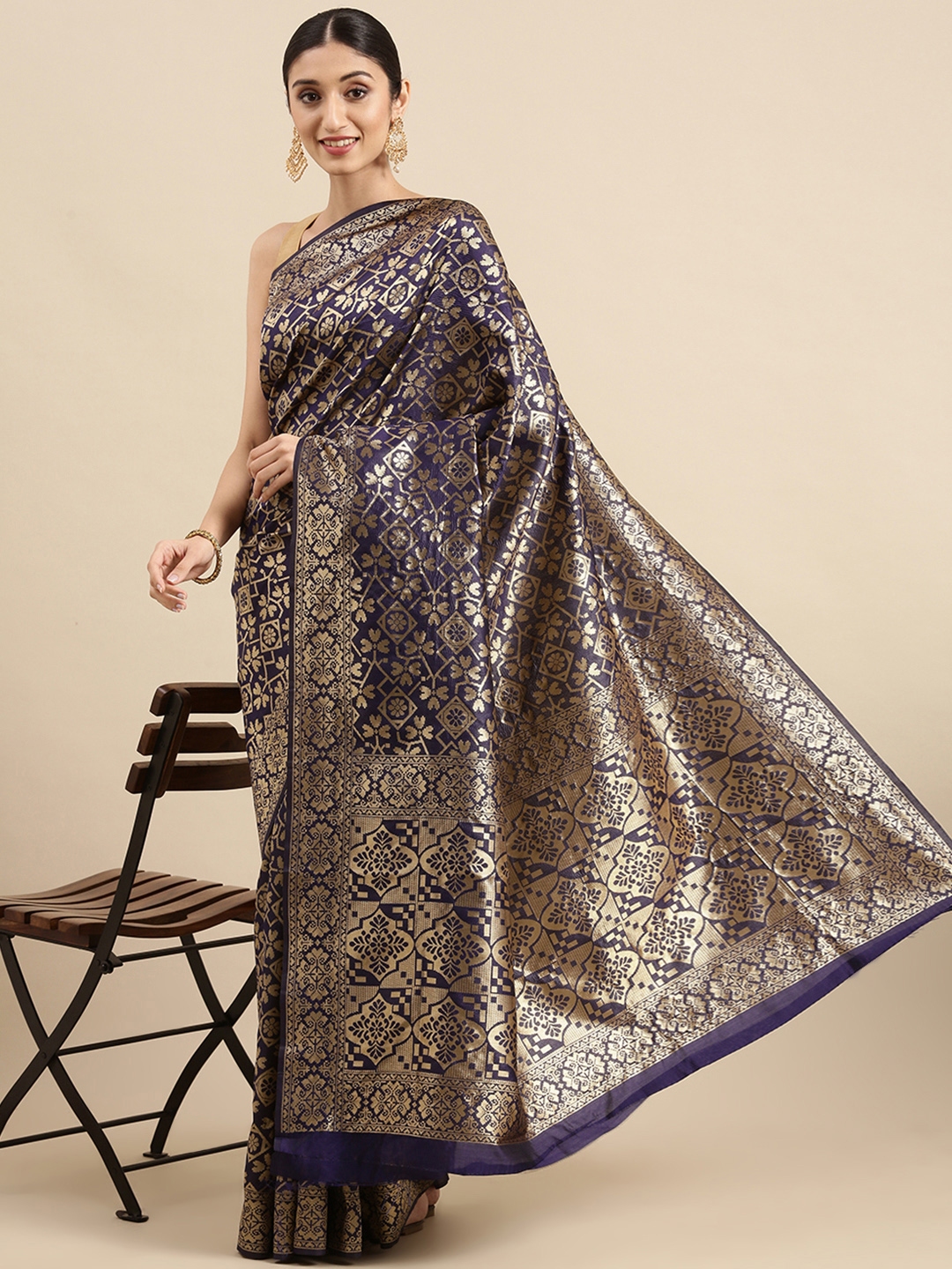 Buy Anouk Navy Blue And Gold Toned Ethnic Motifs Zari Pure Silk Celebrity
