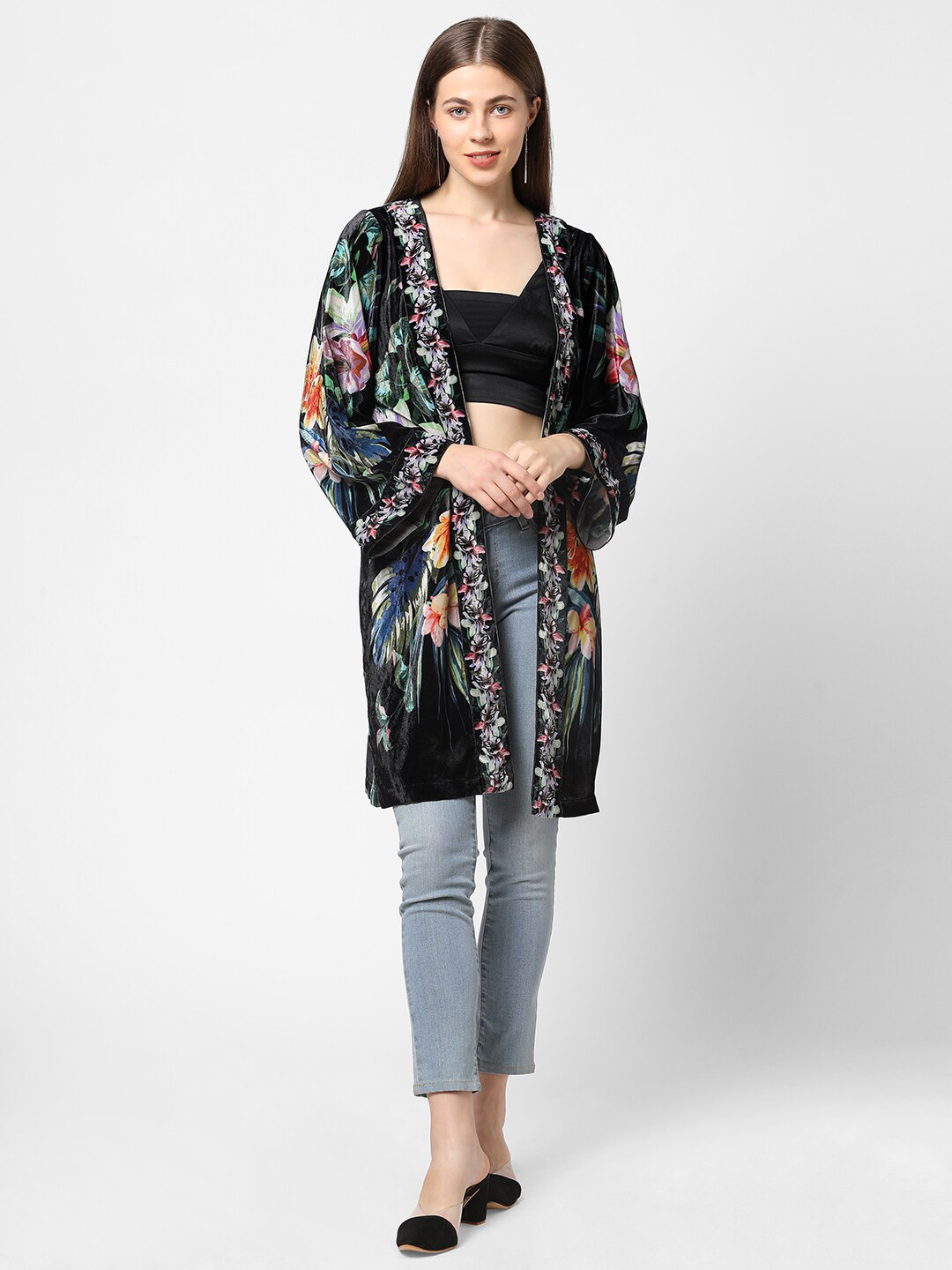 Buy Cloth Haus India Women Black & Green Floral Printed Shrug - Shrug ...