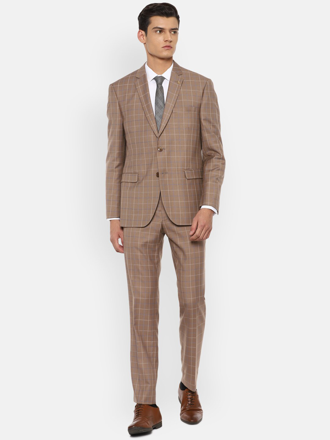Buy Van Heusen Men Brown Checked Slim Fit Single Breasted Two Piece ...