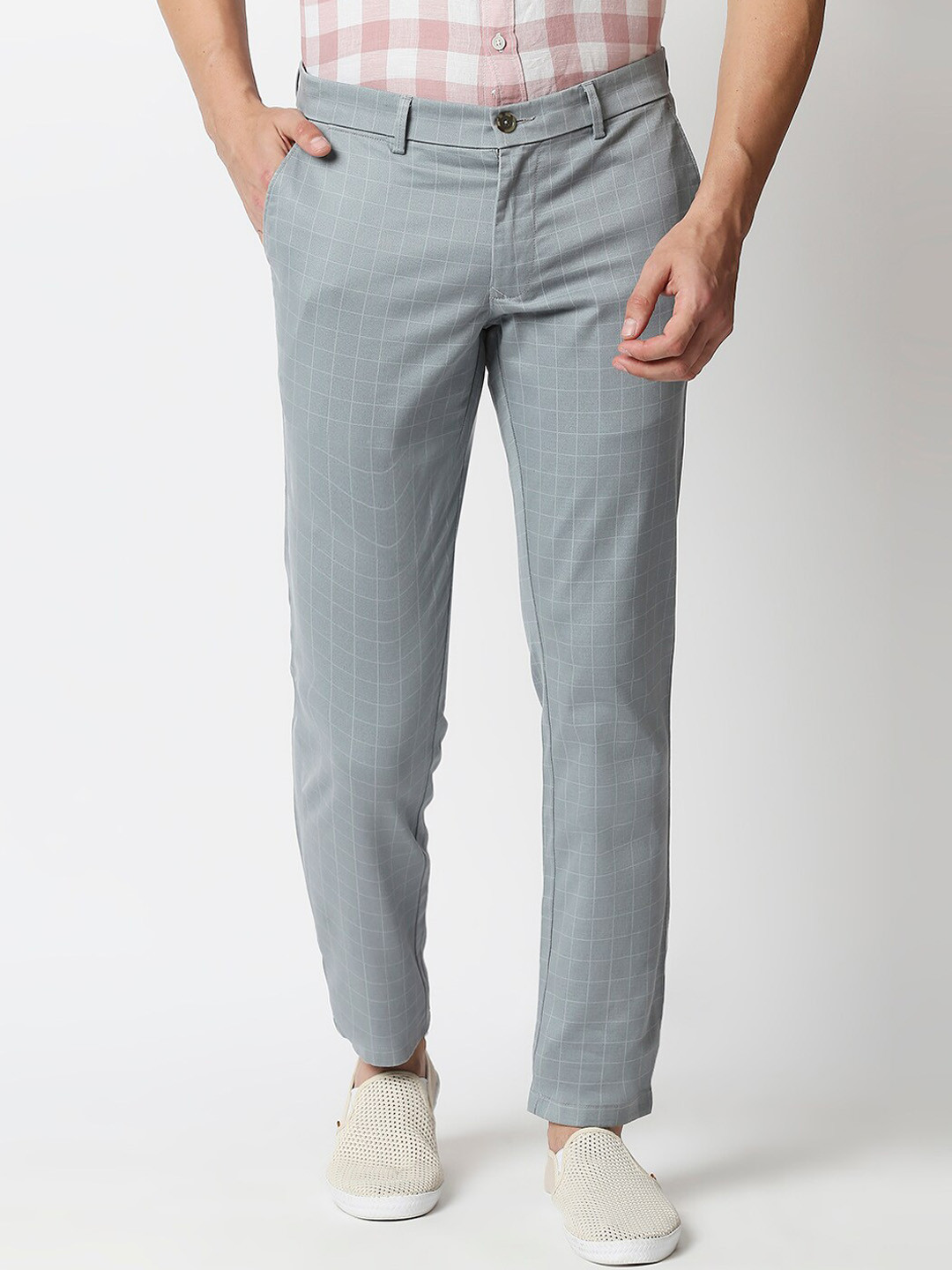 Buy Basics Men Blue Checked Trousers - Trousers for Men 16959518 | Myntra