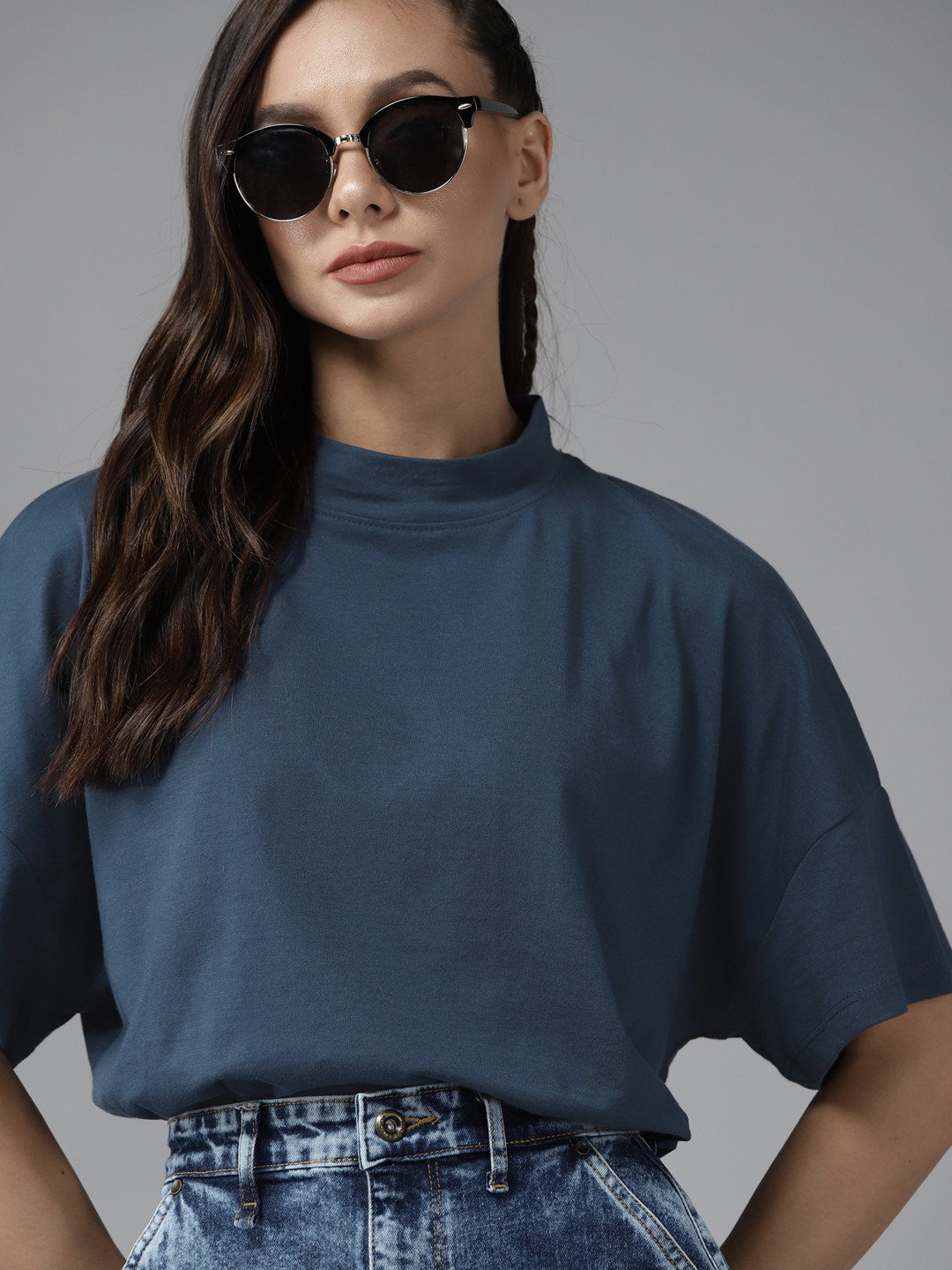 Buy Roadster Women Teal Blue High Neck Drop Shoulder Sleeves Boxy T Shirt - Tshirts for Women ...