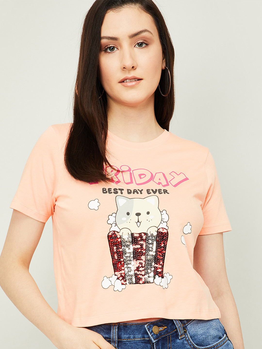 Buy Ginger By Lifestyle Peach Coloured Printed Pure Cotton Top - Tops ...