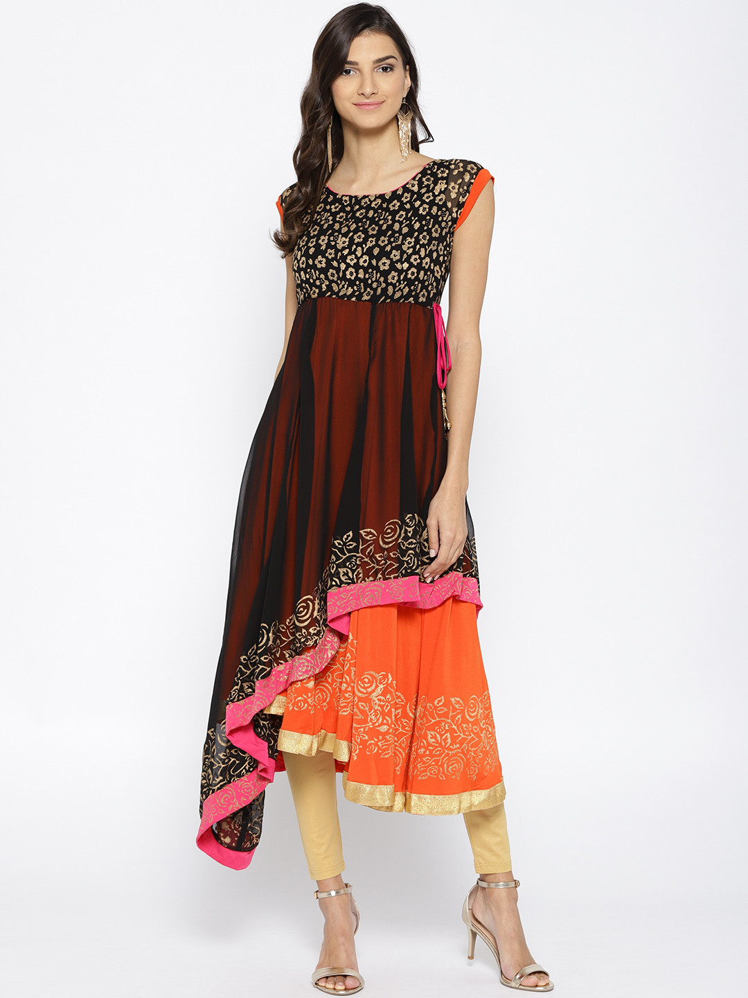 Buy Ira Soleil Women Black & Orange Printed Layered Asymmetric A Line ...