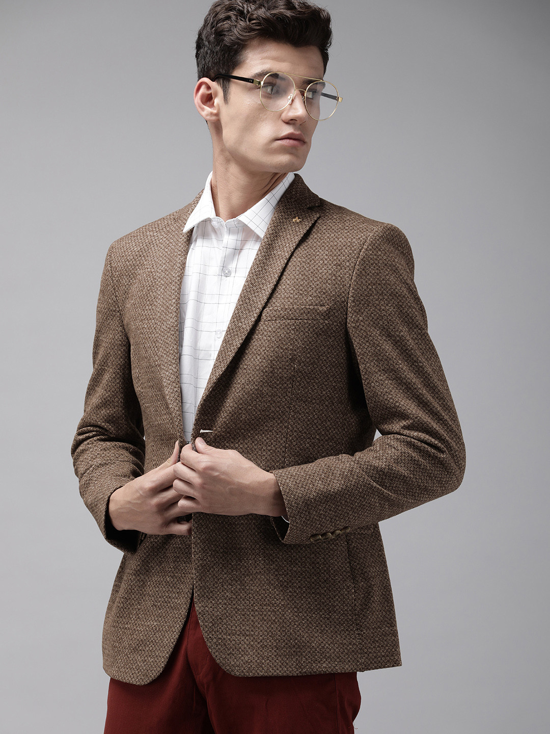 Buy Arrow Men Brown Self Design Slim Fit Single Breasted Formal Blazer ...