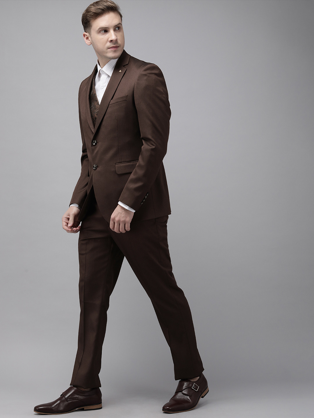 Buy Arrow Men Brown Tailored Fit Self Design Single Breasted Formal ...