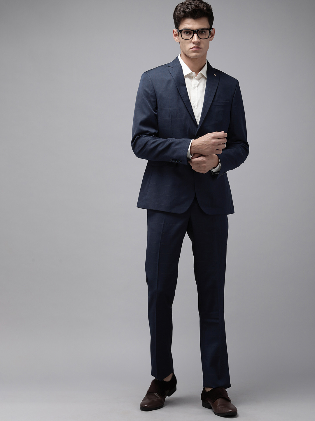 Buy Arrow Men Navy Blue Tailored Fit Checked Single Breasted Formal ...