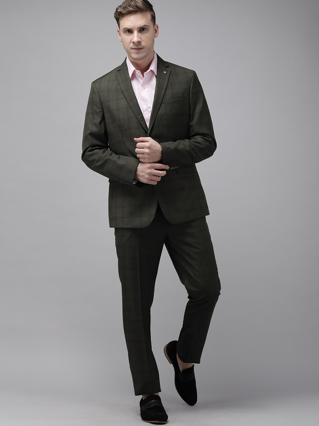 Buy Arrow Men Green & Black Checked Tailored Fit Formal Suit - Suits ...