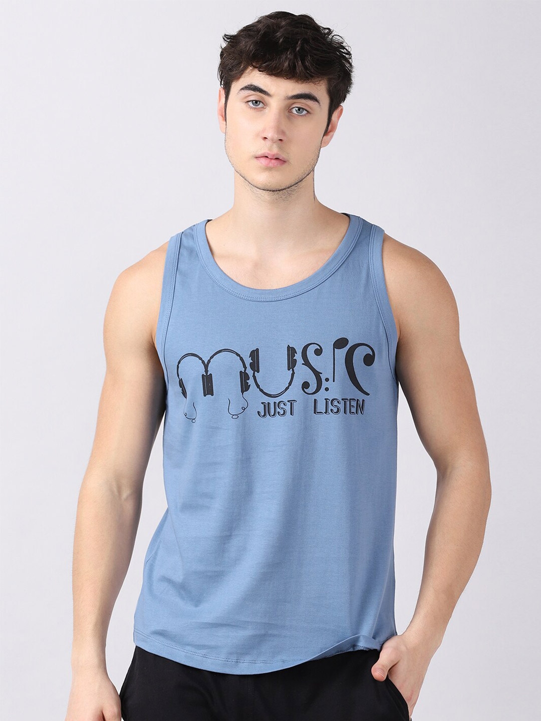 Buy Bushirt Men Blue Typography Printed Sleeveless Cotton Regular Fit T