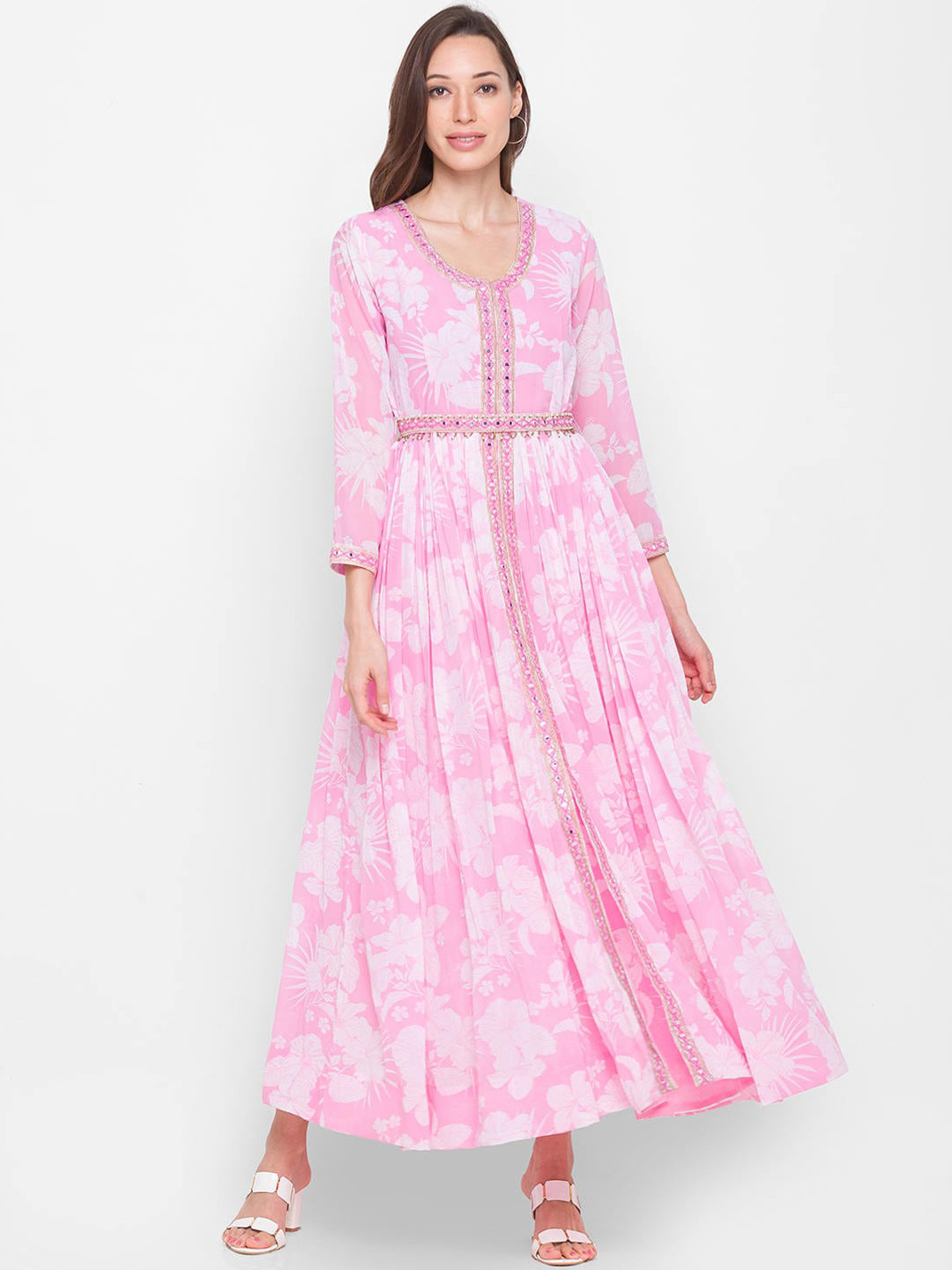Buy ZOLA Woman Pink Floral Yoke Design Georgette Anarkali Kurta ...