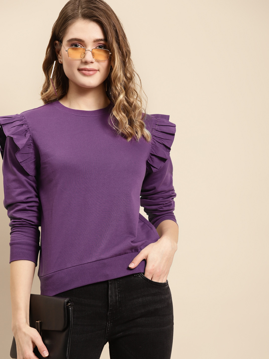 Buy COVER STORY Women Purple Cotton Sweatshirt With Ruffles Detail ...