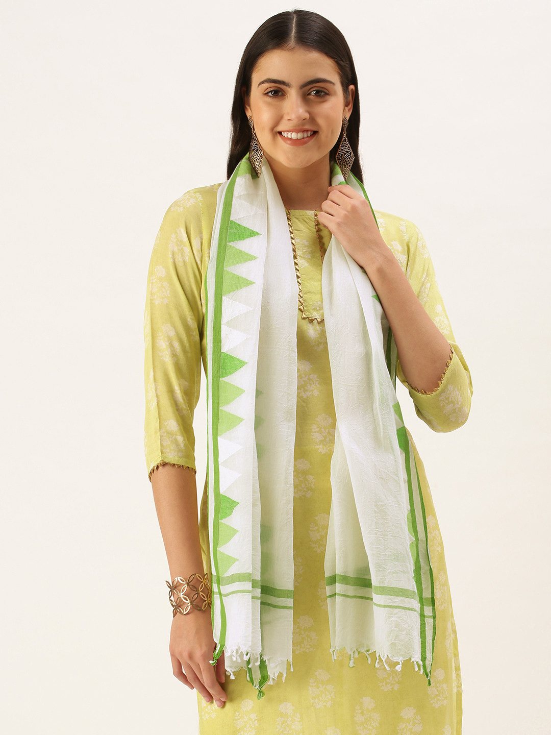 Buy ASVA Women White & Green Pure Cotton Printed Scarf - Scarves for ...